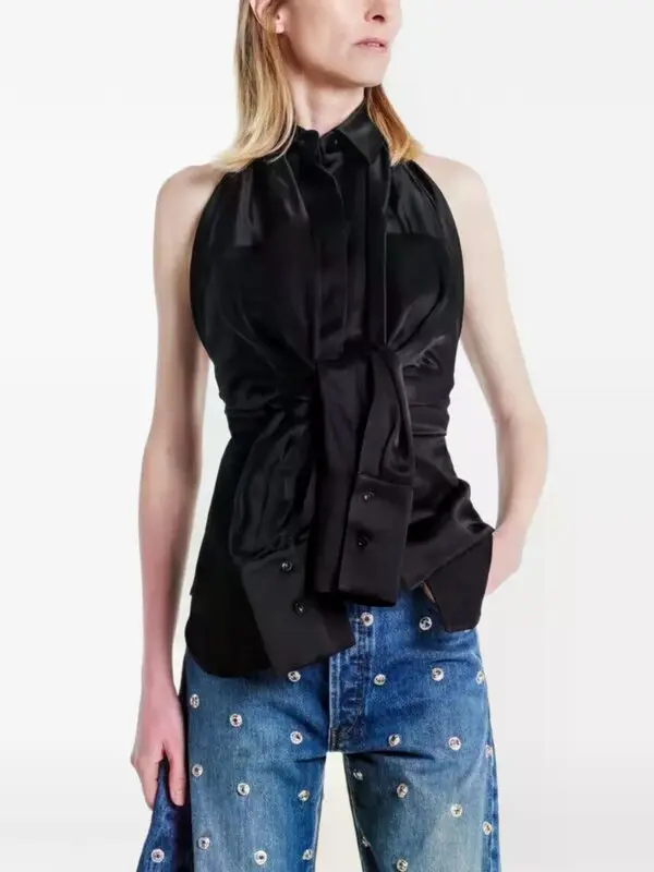 A.W.A.K.E. Mode Halterneck Tie-front Top - Black