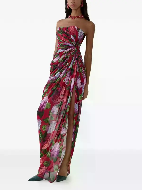 Carolina Herrera Hydrangea Print Draped Chiffon Gown