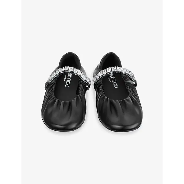 JIMMY CHOO Jade Ruched Leather Ballerina Flats - X Black/crystal