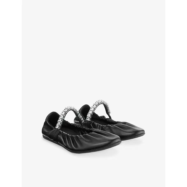 JIMMY CHOO Jade Ruched Leather Ballerina Flats - X Black/crystal