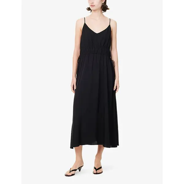 Theory Gathered V-neck Woven Maxi Dress - Black