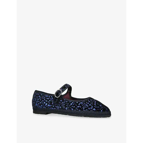 FLABELUS Seraphina Glitter Velvet Mary Jane Flats - Blue/dark