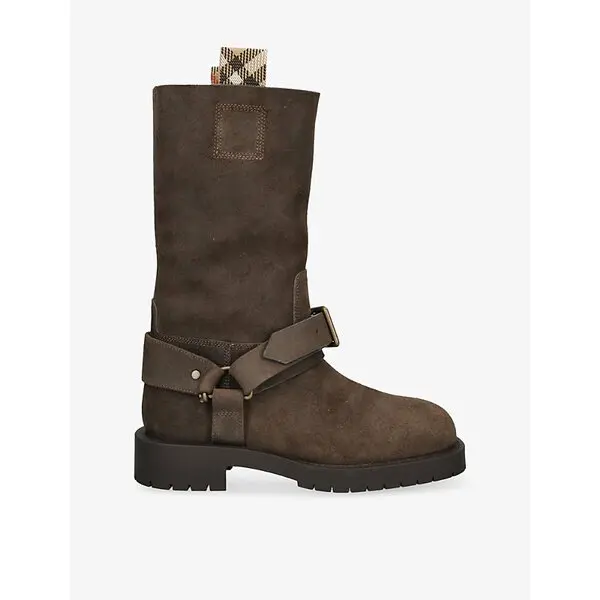 Burberry Mid Calf Suede Boots With Buckle Detail And Chunky Sole - Brown/oth