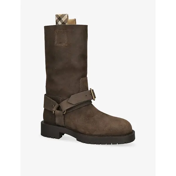 Burberry Mid Calf Suede Boots With Buckle Detail And Chunky Sole - Brown/oth