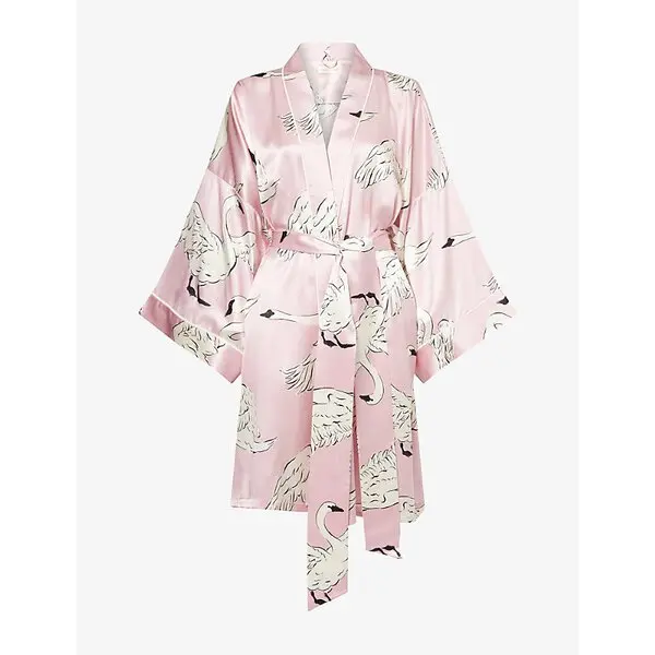 Olivia Von Halle Mimi Swan-print Silk Robe - Selene