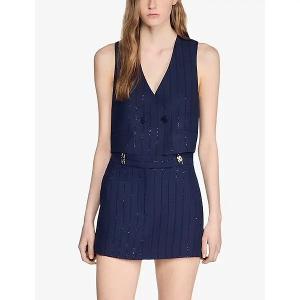 Sandro Striped Sequin-embellished Woven Skort