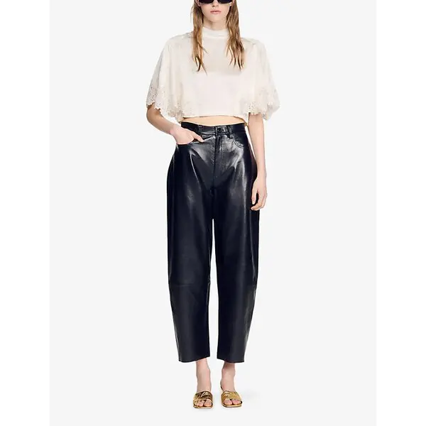 Sandro Cropped Lace Trim Top - Ecru