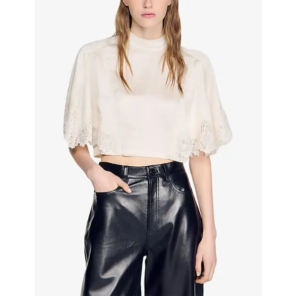 Sandro Cropped Lace Trim Top - Ecru