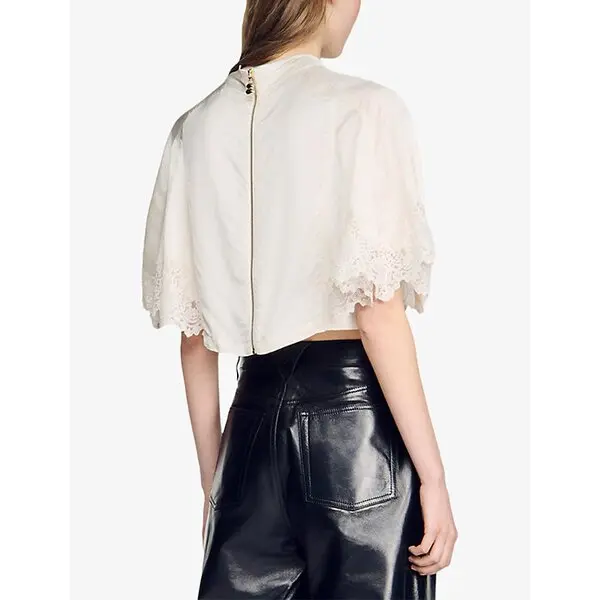 Sandro Cropped Lace Trim Top - Ecru