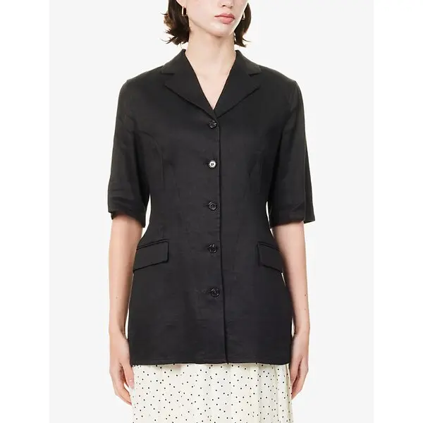 Theory Ruched-sleeve Crop Linen Shirt