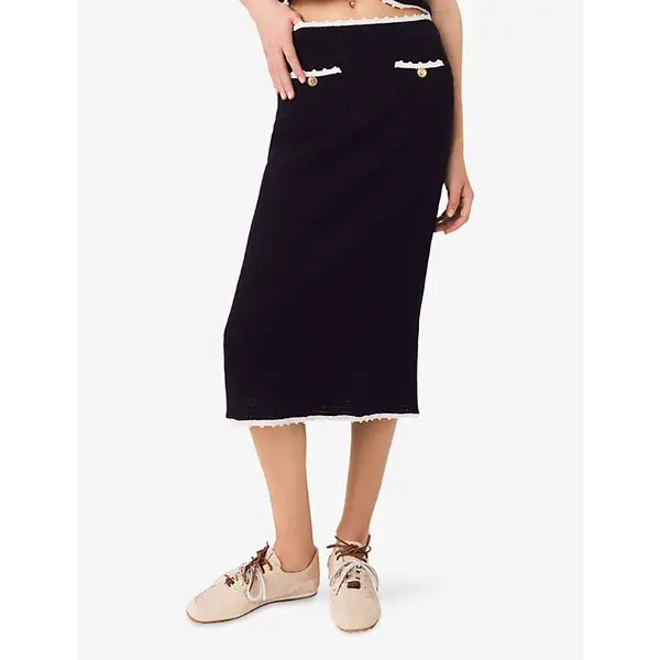 Maje Button-embellished Crochet-knit Midi Skirt