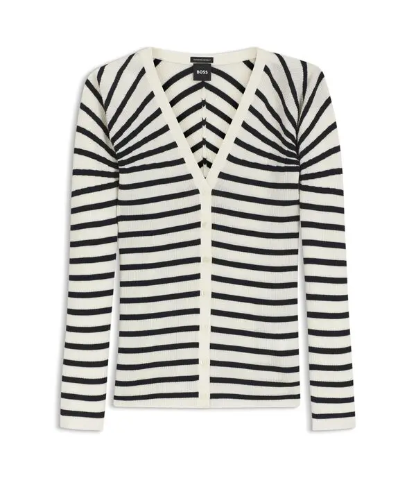 BOSS Buttoned Cardigan In Striped Merino Wool
