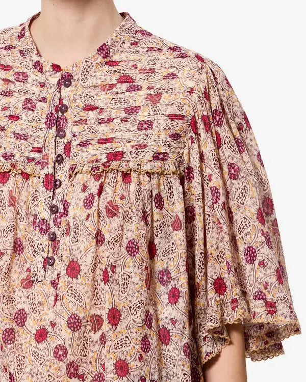 ETOILE Douna Printed Cotton Voile Blouse - Ecru-raspberry