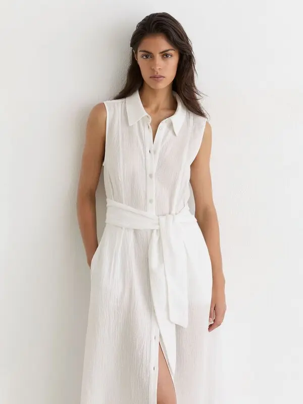 REISS Cotton Cheesecloth Belted Shirt Dress - Ivory