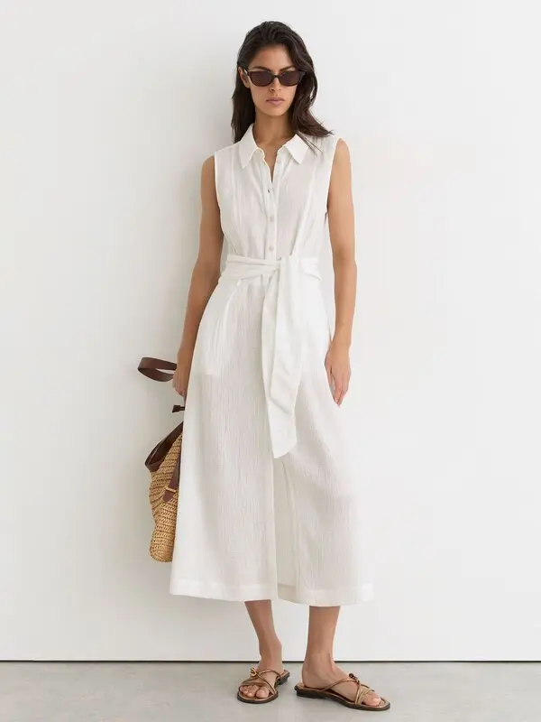 REISS Cotton Cheesecloth Belted Shirt Dress