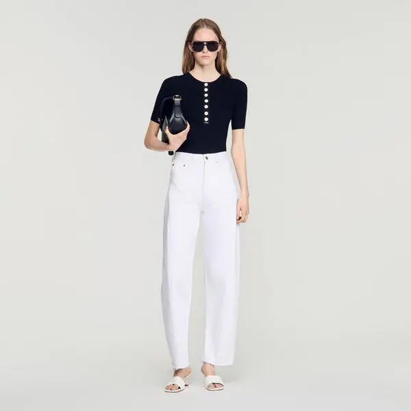 Sandro Ribbed Button Placket Knit Top