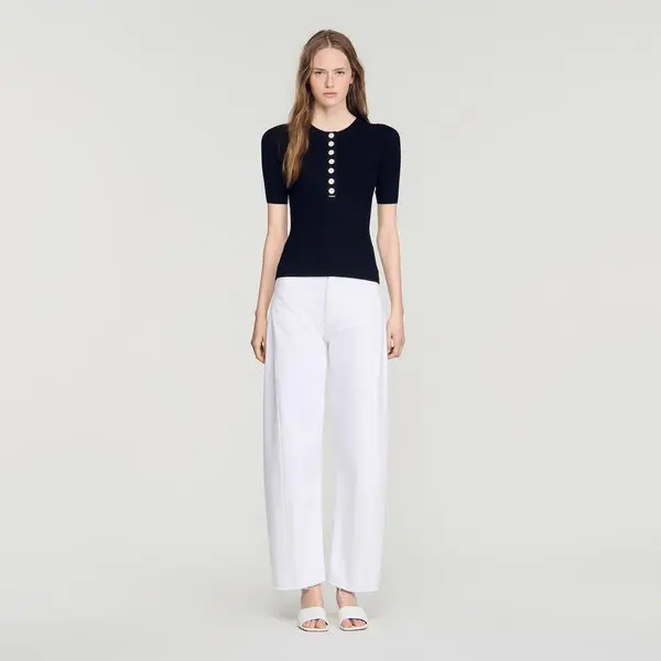 Sandro Ribbed Button Placket Knit Top