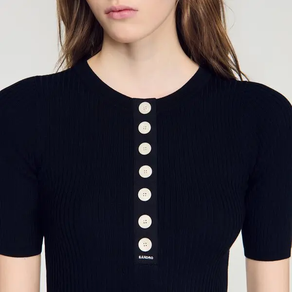 Sandro Ribbed Button Placket Knit Top