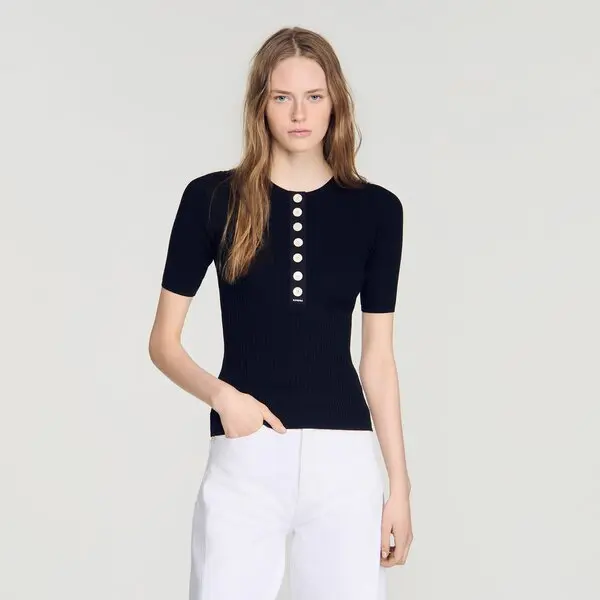 Sandro Ribbed Button Placket Knit Top