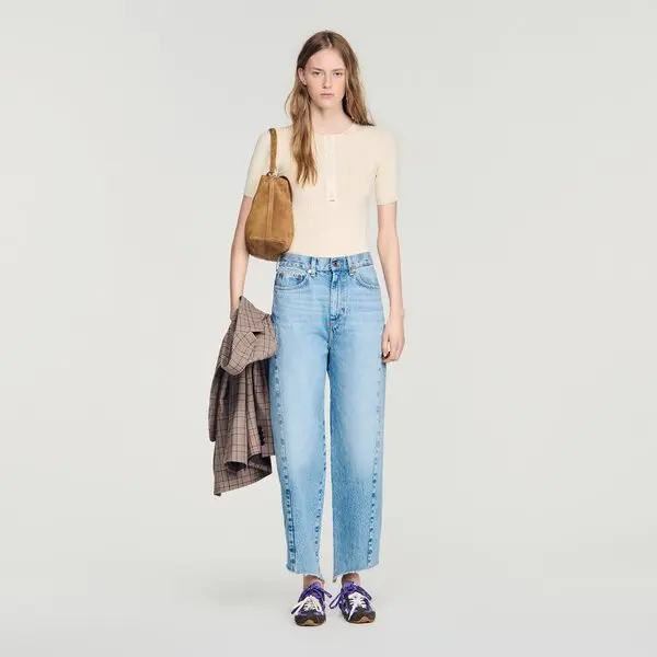Sandro Ribbed Knit Top With Button Placket - Ecru