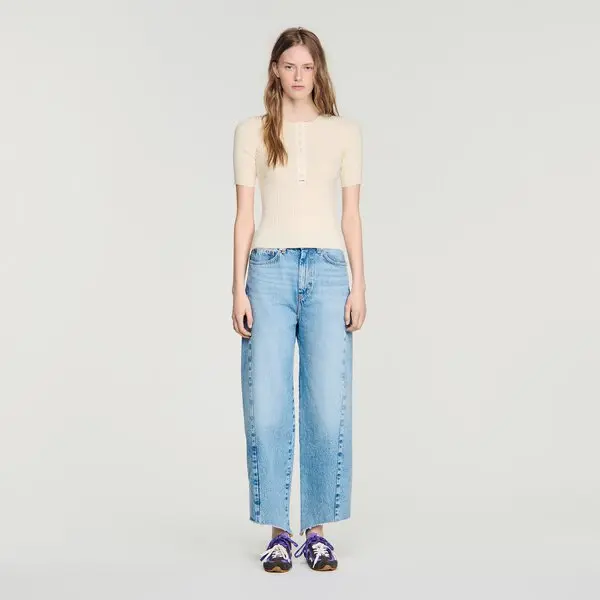 Sandro Ribbed Knit Top With Button Placket - Ecru