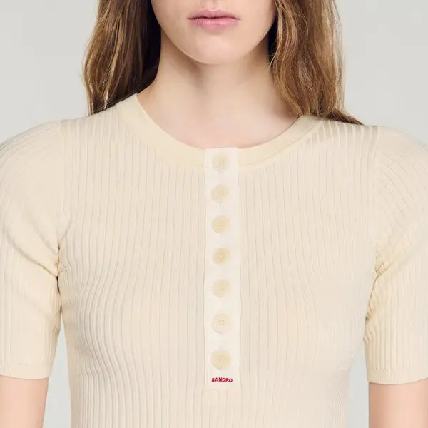 Sandro Ribbed Knit Top With Button Placket - Ecru