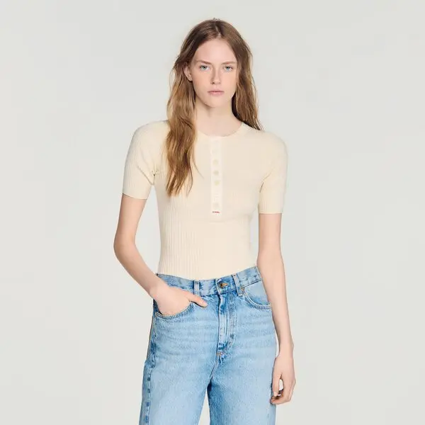 Sandro Ribbed Knit Top With Button Placket - Ecru