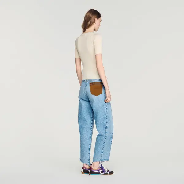 Sandro Ribbed Knit Top With Button Placket - Ecru