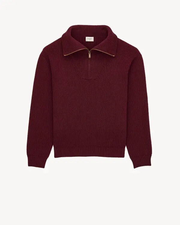 Saint Laurent Half-zip Sweater In Rib-knit Wool - Bordeaux