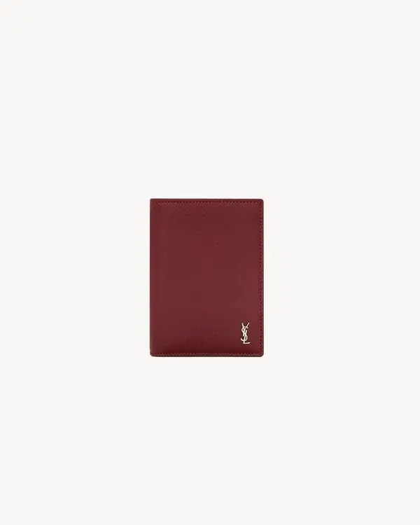 Saint Laurent Tiny Cassandre Credit Card Wallet In Grained Leather - Berry Red
