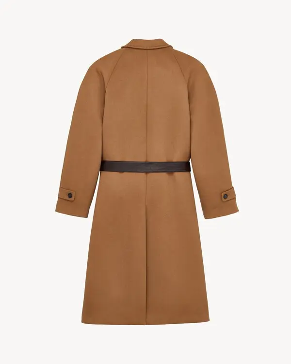 Saint Laurent Belted Balmacaan In Double-face Wool