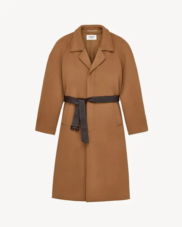 Saint Laurent Belted Balmacaan Coat In Double-face Wool - Alezan