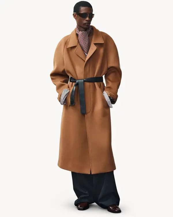 Saint Laurent Belted Balmacaan Coat In Double-face Wool