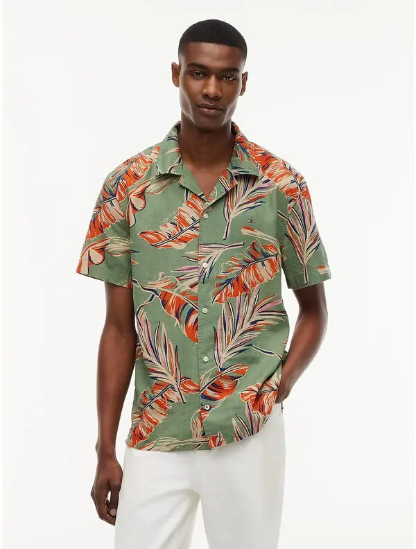 Tommy Hilfiger Regular Fit Leaf Linen-blend Camp Shirt