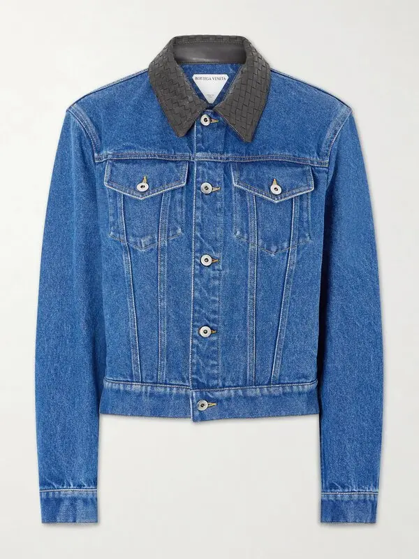 Bottega Veneta Intrecciato Leather Trimmed Denim Jacket - Blue