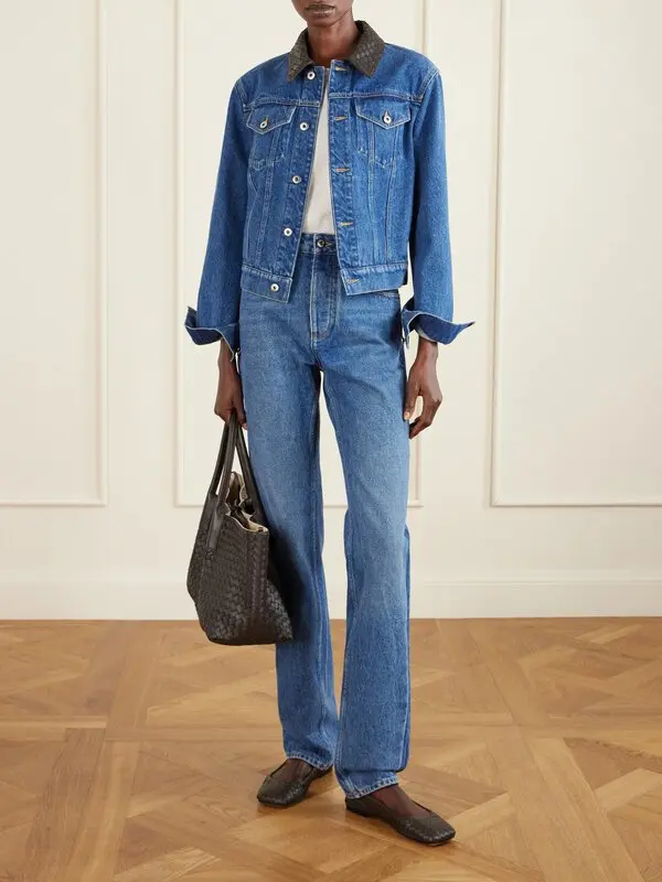 Bottega Veneta Intrecciato Leather-trimmed Denim Trucker Jacket - Blue