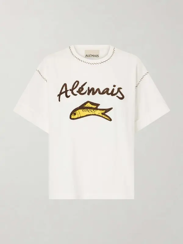 ALEMAIS Scuba Embroidered Cotton-jersey T-shirt - Ivory