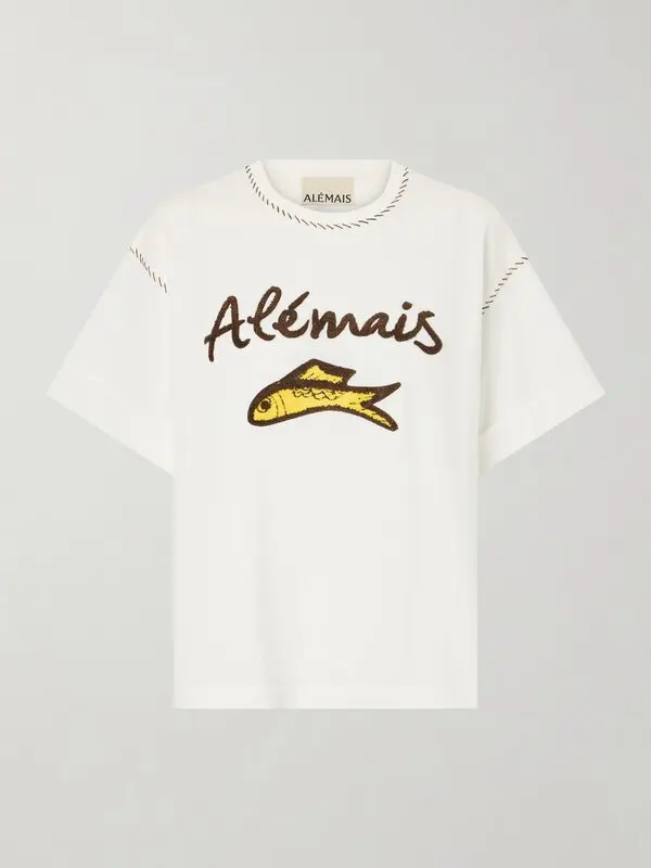 ALEMAIS Scuba Embroidered Cotton-jersey T-shirt - Neutrals