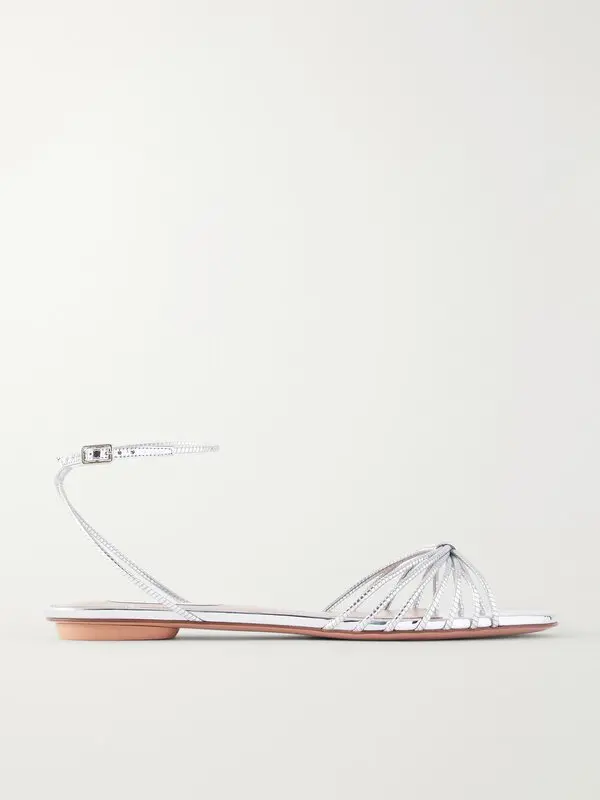 AQUAZZURA Anima Metallic Leather Flat Sandals - Silver