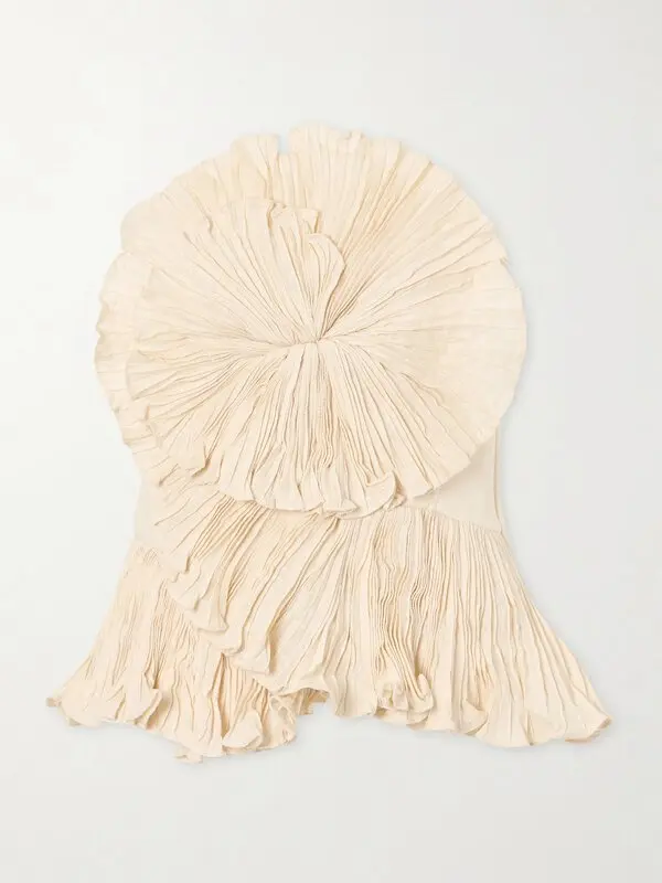 ANDRES OTALORA Imara Strapless Appliquéd Pleated Linen Top - Neutrals