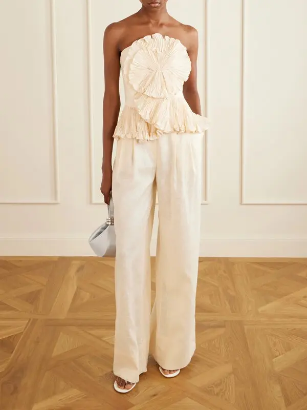 ANDRES OTALORA Imara Strapless Appliquéd Pleated Linen Top