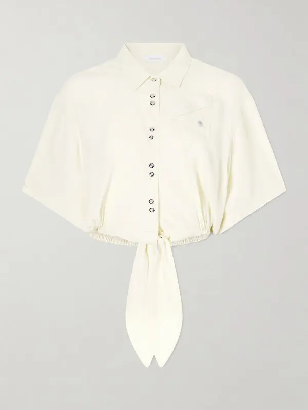 Rabanne Cropped Crepe De Chine Blouse With Logo Embellishment - Yellow