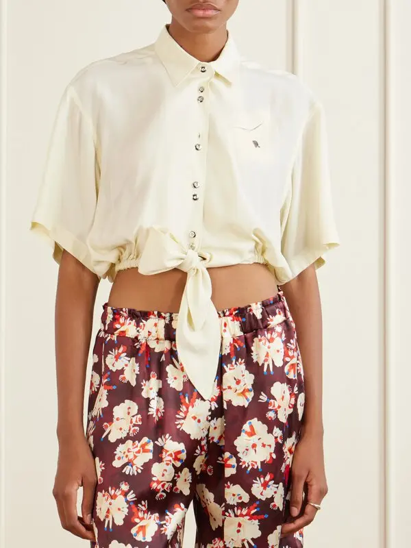 Rabanne Cropped Crepe De Chine Blouse With Logo Embellishment - Yellow