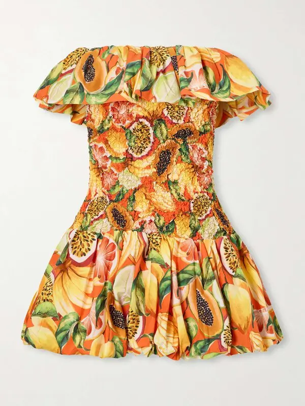 Farm Rio Strapless Ruffled Printed Shirred Cotton Mini Dress