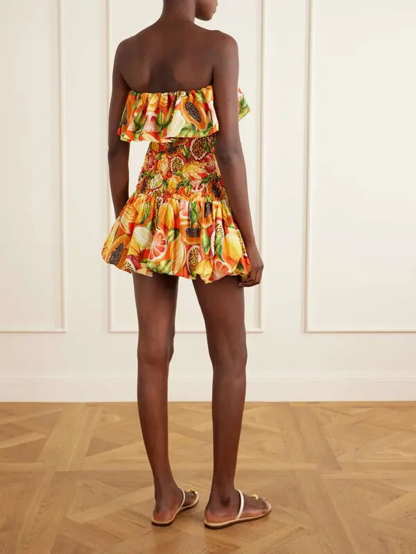 Farm Rio Strapless Ruffled Printed Shirred Cotton Mini Dress