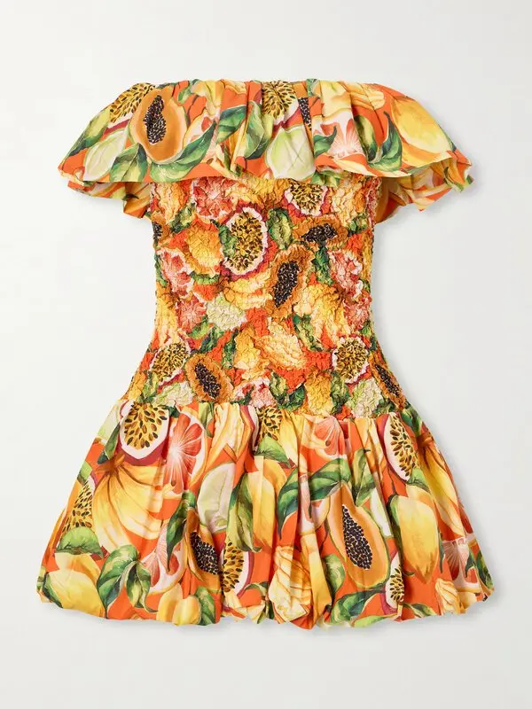 Farm Rio Strapless Ruffled Printed Cotton Mini Dress - Red