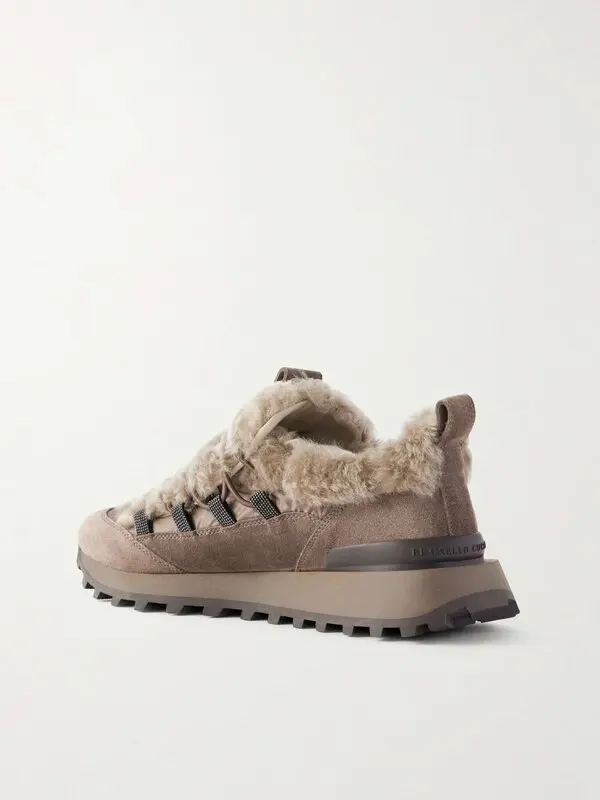 Brunello Cucinelli Bead-embellished Shearling-trimmed Suede Sneakers