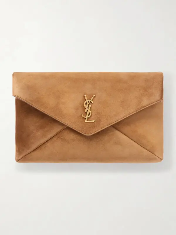 Saint Laurent Cassandre Suede Clutch - Brown