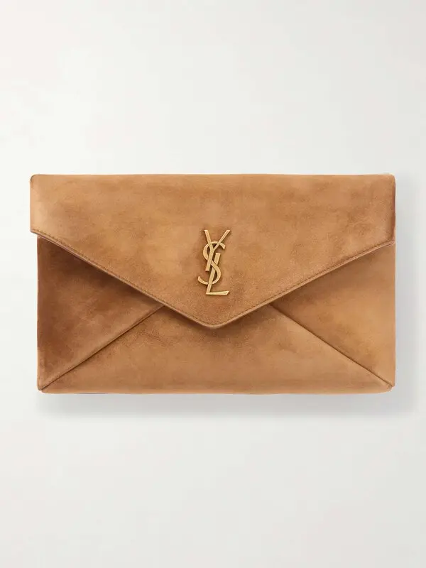 Saint Laurent Cassandre Suede Clutch - Camel