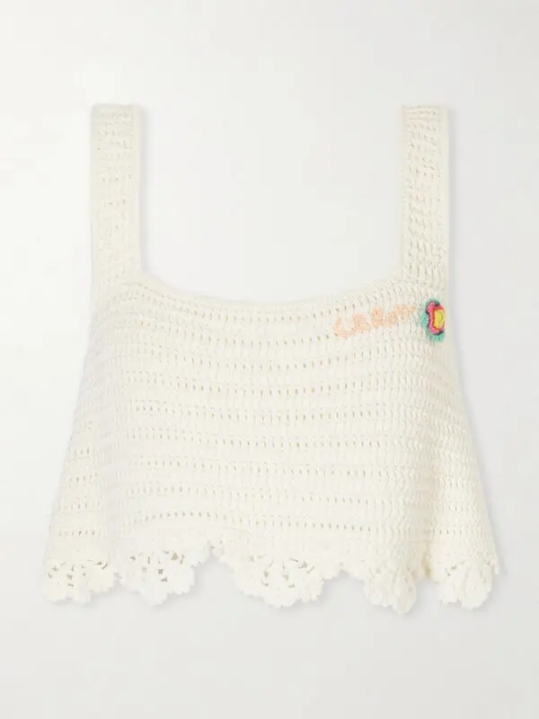 Chloé Crocheted Cotton Cropped Top With Appliqu - White